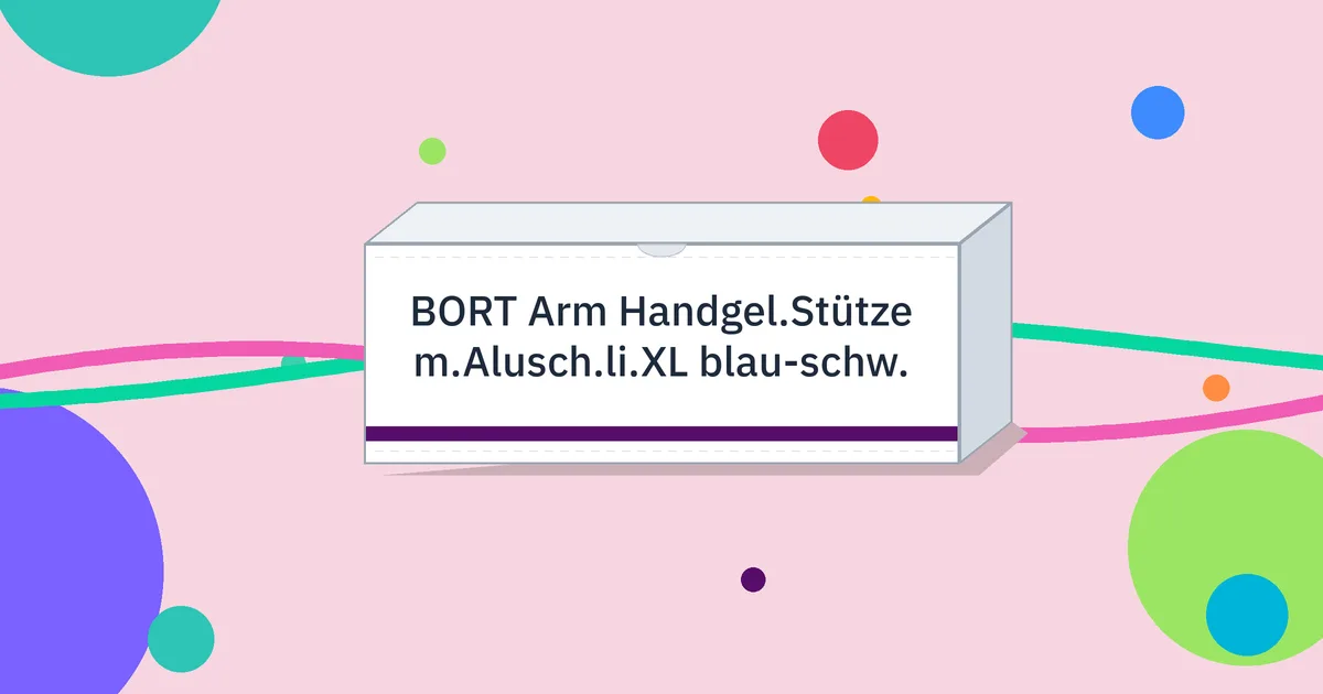 Symbolbild: Packung mit der Aufschrift BORT Arm Handgel.Stütze m.Alusch.li.XL blau-schw. (PZN 04195963) – Verfügbarkeit und Bezug in Apotheken in Frankfurt am Main
