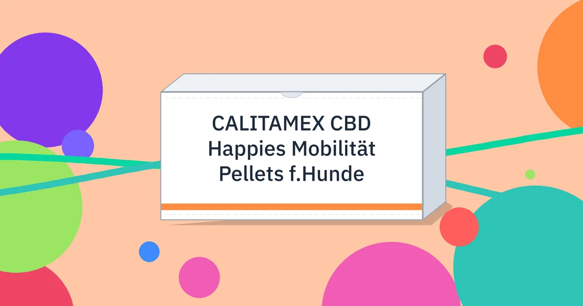 Symbolbild: Packung mit der Aufschrift CALITAMEX CBD Happies Mobilität Pellets f.Hunde (PZN 19649186) – Verfügbarkeit und Bezug in Apotheken in Frankfurt am Main