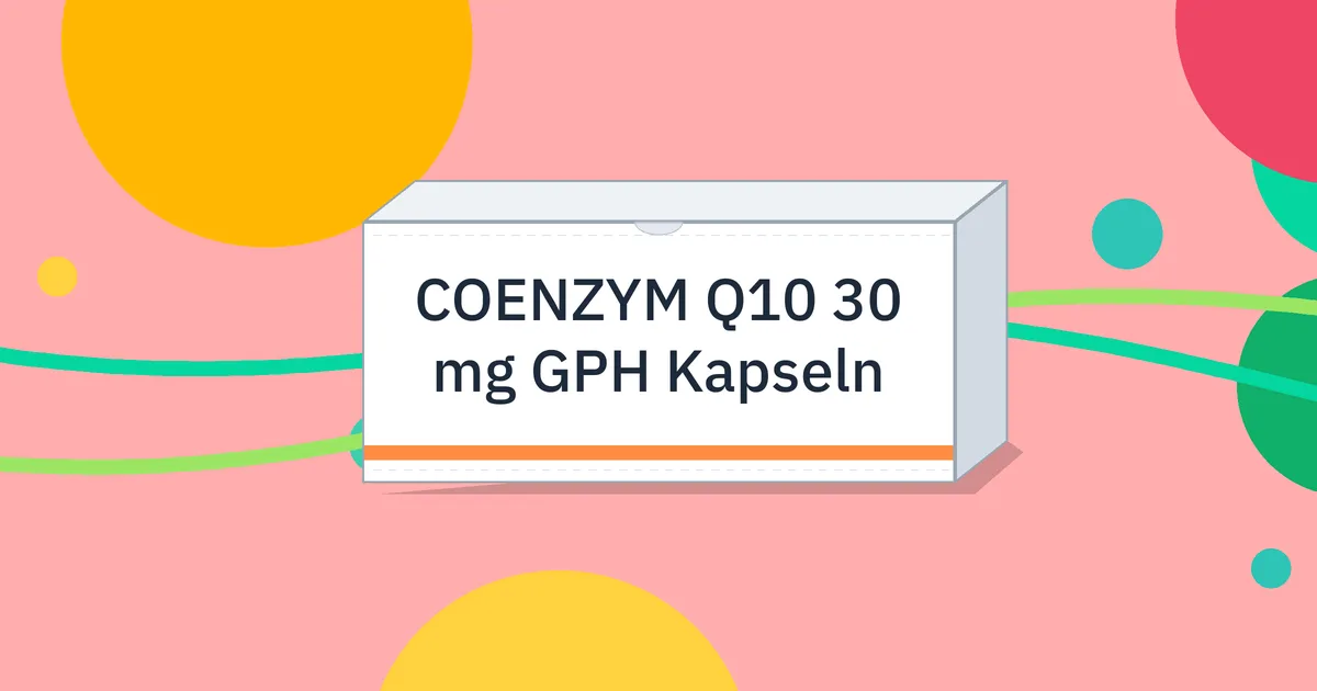 Symbolbild: Packung mit der Aufschrift COENZYM Q10 30 mg GPH Kapseln (PZN 06832670) – Verfügbarkeit und Bezug in Apotheken in Frankfurt am Main