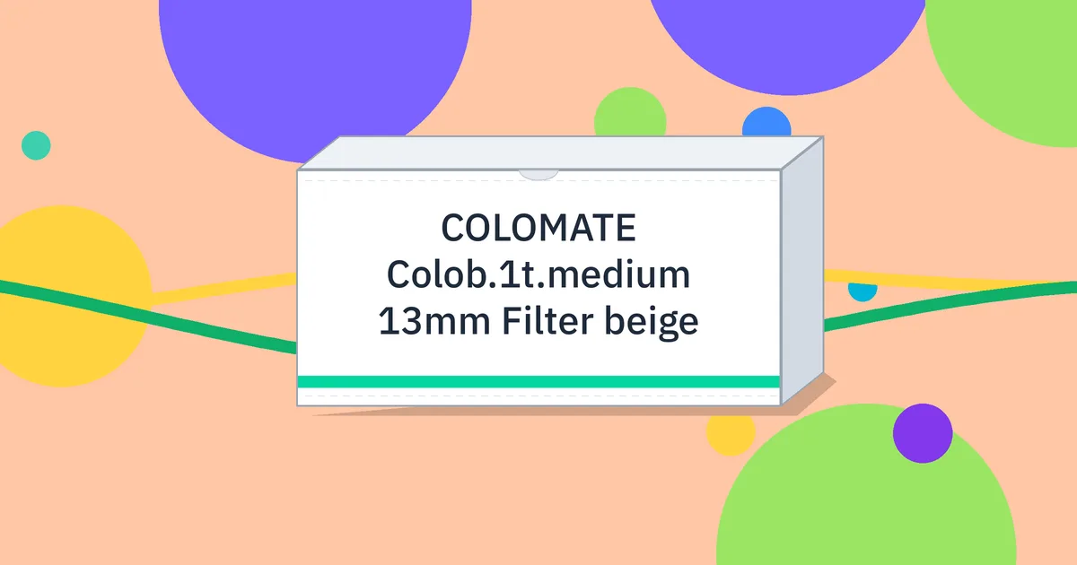 Symbolbild: Packung mit der Aufschrift COLOMATE Colob.1t.medium 13mm Filter beige (PZN 03740370) – Verfügbarkeit und Bezug in Apotheken in Frankfurt am Main