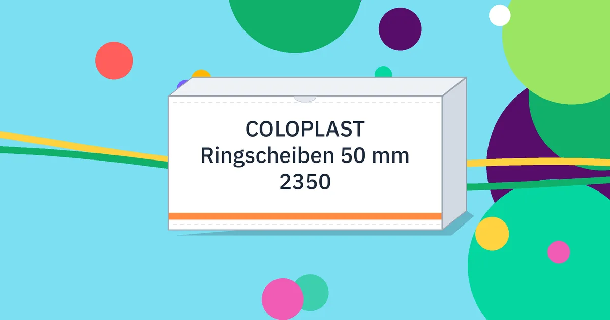 Symbolbild: Packung mit der Aufschrift COLOPLAST Ringscheiben 50 mm 2350 (PZN 02298877) – Verfügbarkeit und Bezug in Apotheken in Frankfurt am Main