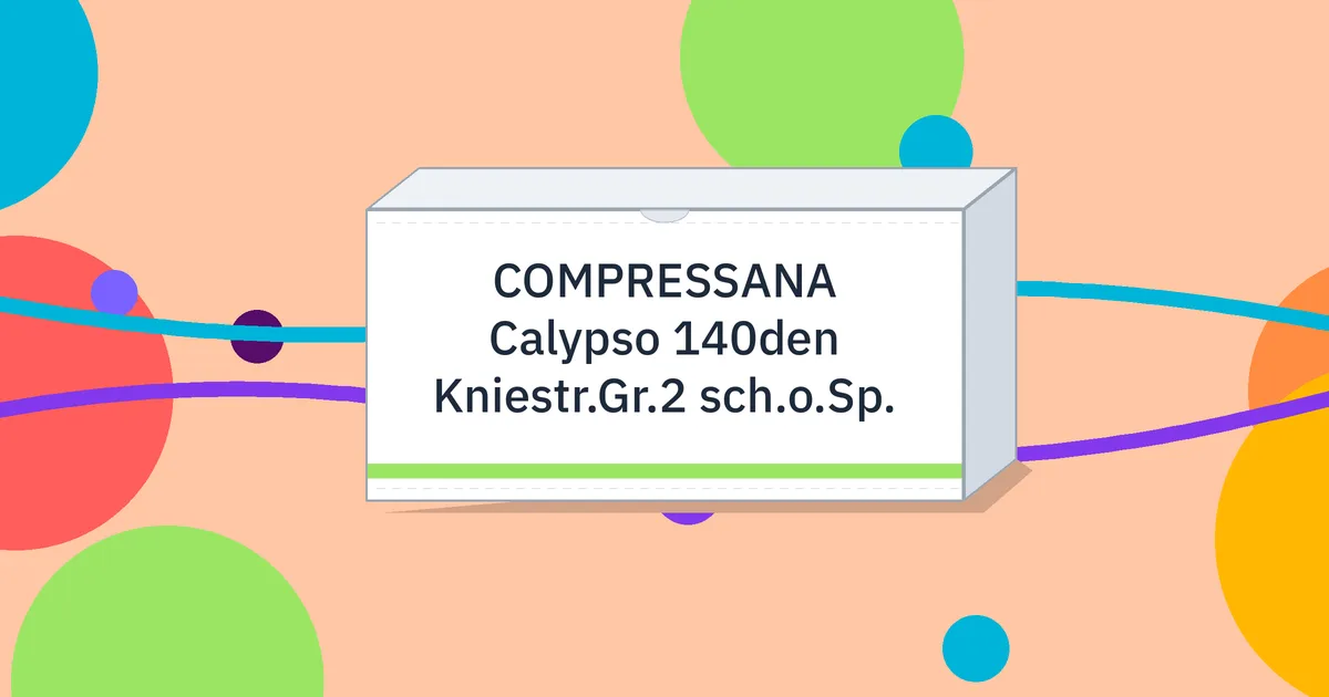 Symbolbild: Packung mit der Aufschrift COMPRESSANA Calypso 140den Kniestr.Gr.2 sch.o.Sp. (PZN 09076884) – Verfügbarkeit und Bezug in Apotheken in Frankfurt am Main