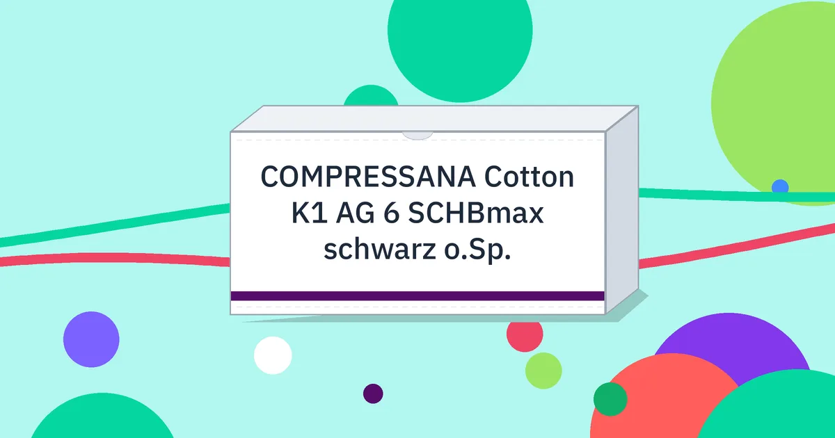 Symbolbild: Packung mit der Aufschrift COMPRESSANA Cotton K1 AG 6 SCHBmax schwarz o.Sp. (PZN 16959986) – Verfügbarkeit und Bezug in Apotheken in Frankfurt am Main