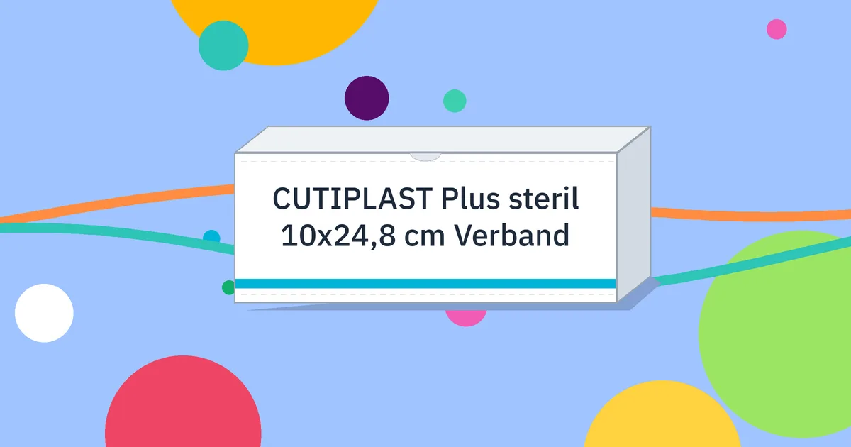 Symbolbild: Packung mit der Aufschrift CUTIPLAST Plus steril 10x24,8 cm Verband (PZN 10046173) – Verfügbarkeit und Bezug in Apotheken in Frankfurt am Main