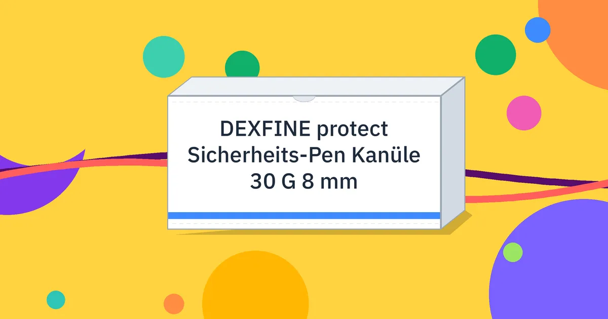 Symbolbild: Packung mit der Aufschrift DEXFINE protect Sicherheits-Pen Kanüle 30 G 8 mm (PZN 16666043) – Verfügbarkeit und Bezug in Apotheken in Frankfurt am Main