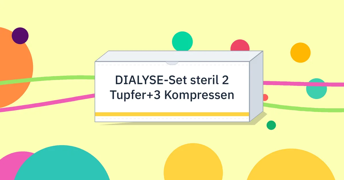 Symbolbild: Packung mit der Aufschrift DIALYSE-Set steril 2 Tupfer+3 Kompressen (PZN 14299439) – Verfügbarkeit und Bezug in Apotheken in Frankfurt am Main