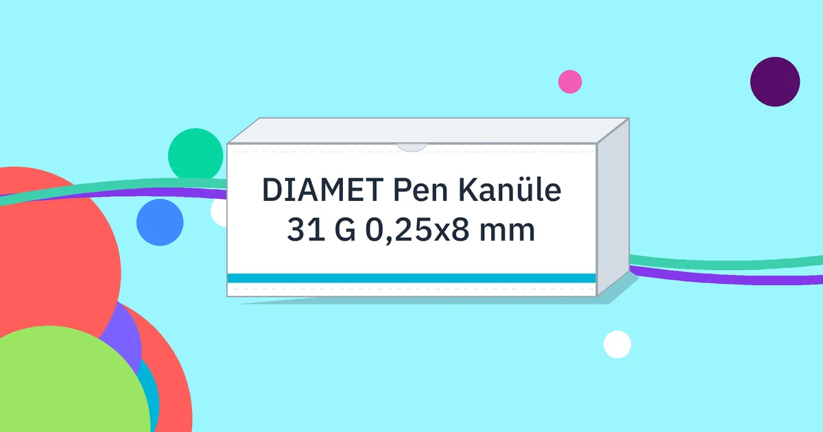 Symbolbild: Packung mit der Aufschrift DIAMET Pen Kanüle 31 G 0,25x8 mm (PZN 05737857) – Verfügbarkeit und Bezug in Apotheken in Frankfurt am Main