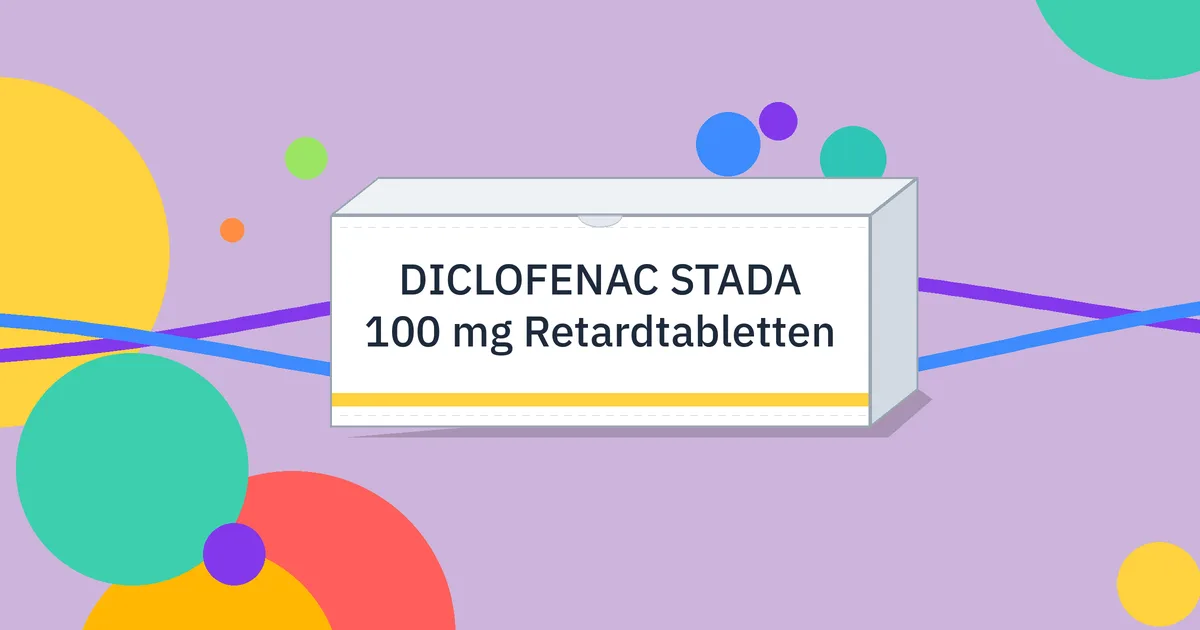 Symbolbild: Packung mit der Aufschrift DICLOFENAC STADA 100 mg Retardtabletten (PZN 03470953) – Verfügbarkeit und Bezug in Apotheken in Frankfurt am Main