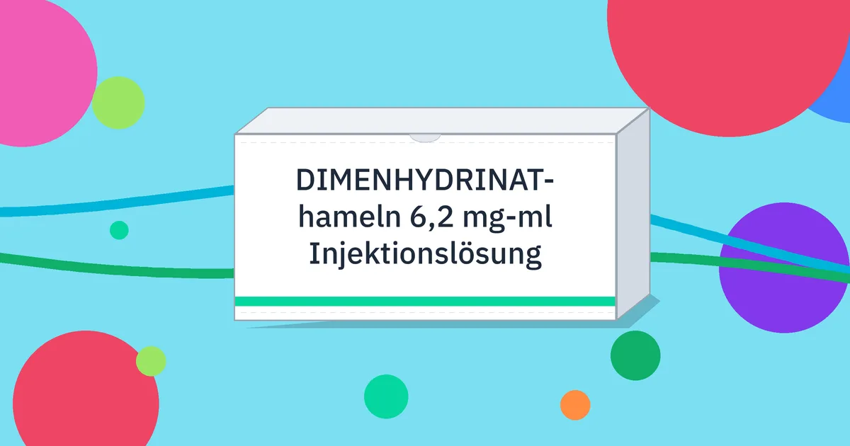 Symbolbild: Packung mit der Aufschrift DIMENHYDRINAT-hameln 6,2 mg-ml Injektionslösung (PZN 17534817) – Verfügbarkeit und Bezug in Apotheken in Frankfurt am Main