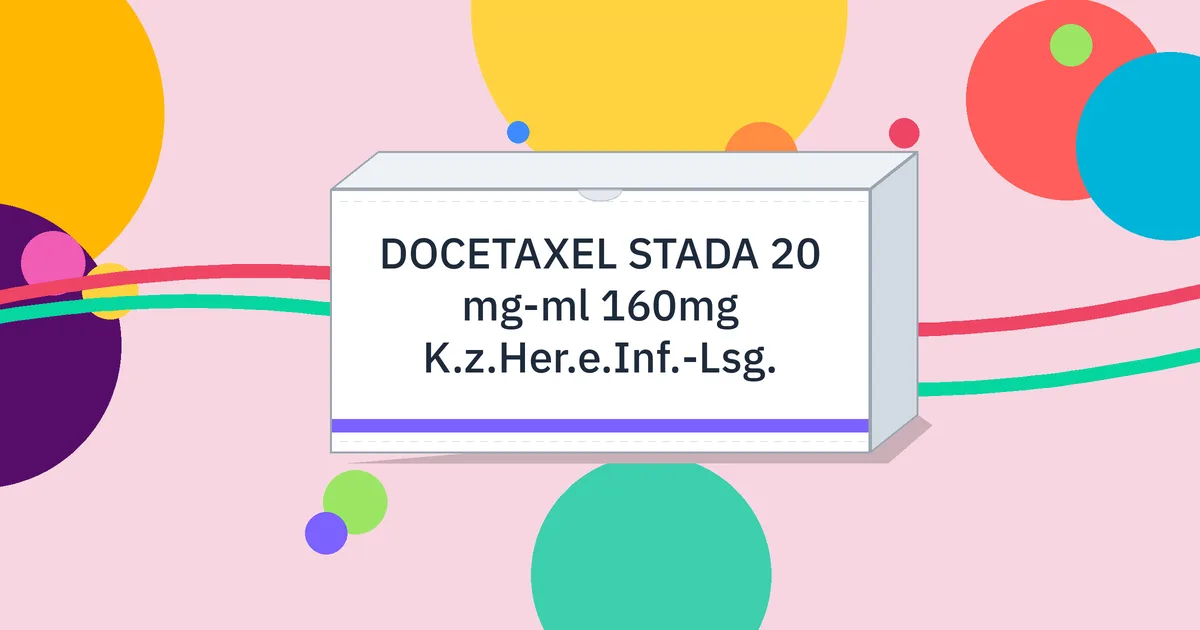 Symbolbild: Packung mit der Aufschrift DOCETAXEL STADA 20 mg-ml 160mg K.z.Her.e.Inf.-Lsg. (PZN 07417849) – Verfügbarkeit und Bezug in Apotheken in Frankfurt am Main
