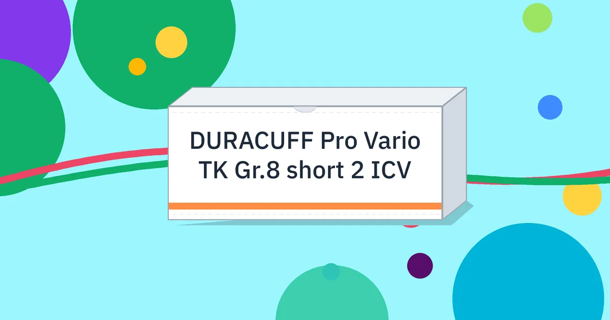 Symbolbild: Packung mit der Aufschrift DURACUFF Pro Vario TK Gr.8 short 2 ICV (PZN 19244294) – Verfügbarkeit und Bezug in Apotheken in Frankfurt am Main