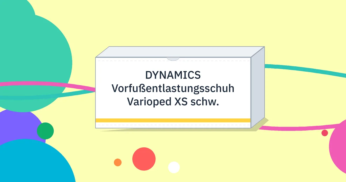 Symbolbild: Packung mit der Aufschrift DYNAMICS Vorfußentlastungsschuh Varioped XS schw. (PZN 10635863) – Verfügbarkeit und Bezug in Apotheken in Frankfurt am Main
