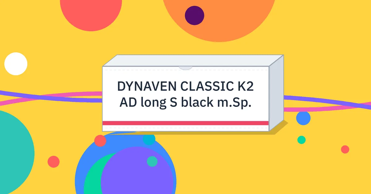 Symbolbild: Packung mit der Aufschrift DYNAVEN CLASSIC K2 AD long S black m.Sp. (PZN 18417640) – Verfügbarkeit und Bezug in Apotheken in Frankfurt am Main