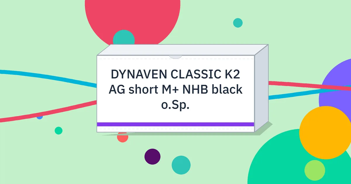 Symbolbild: Packung mit der Aufschrift DYNAVEN CLASSIC K2 AG short M+ NHB black o.Sp. (PZN 18418332) – Verfügbarkeit und Bezug in Apotheken in Frankfurt am Main