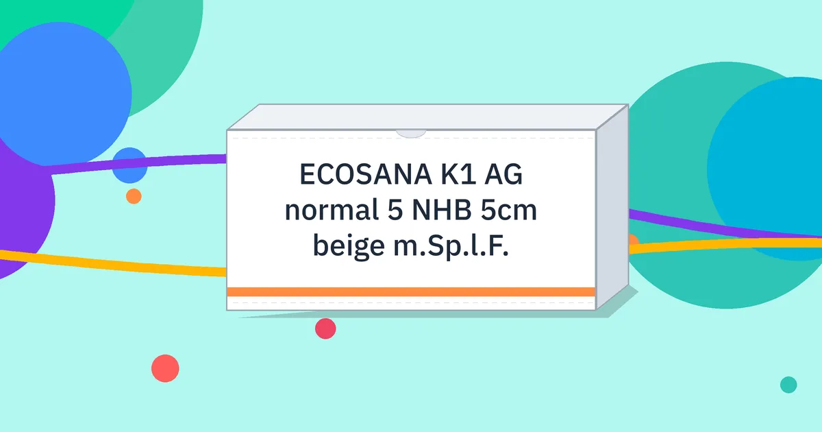 Symbolbild: Packung mit der Aufschrift ECOSANA K1 AG normal 5 NHB 5cm beige m.Sp.l.F. (PZN 04729040) – Verfügbarkeit und Bezug in Apotheken in Frankfurt am Main
