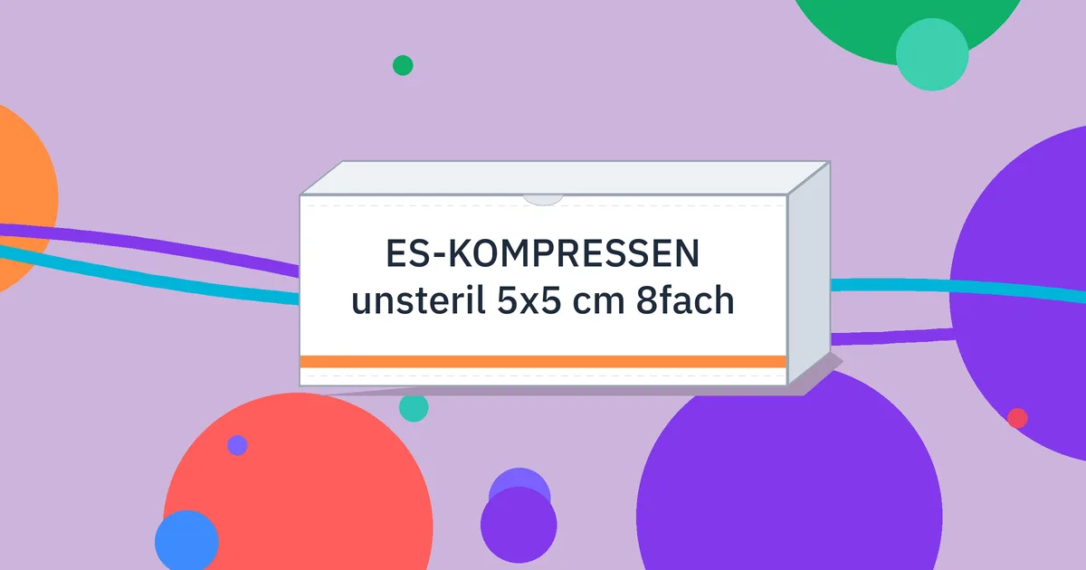 Symbolbild: Packung mit der Aufschrift ES-KOMPRESSEN unsteril 5x5 cm 8fach (PZN 19769832) – Verfügbarkeit und Bezug in Apotheken in Frankfurt am Main