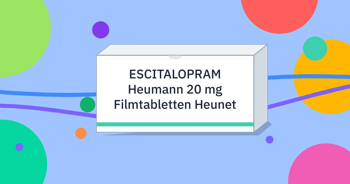 Symbolbild: Packung mit der Aufschrift ESCITALOPRAM Heumann 20 mg Filmtabletten Heunet (PZN 12581781) – Verfügbarkeit und Bezug in Apotheken in Frankfurt am Main