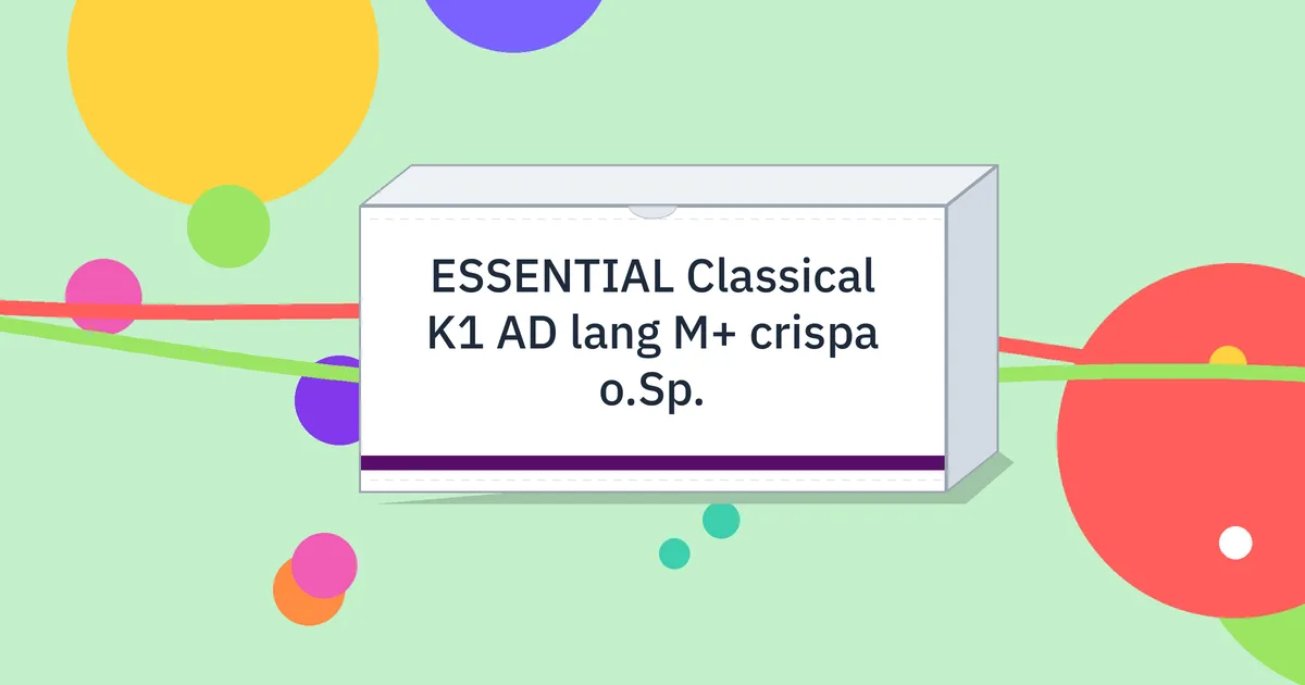 Symbolbild: Packung mit der Aufschrift ESSENTIAL Classical K1 AD lang M+ crispa o.Sp. (PZN 17000955) – Verfügbarkeit und Bezug in Apotheken in Frankfurt am Main