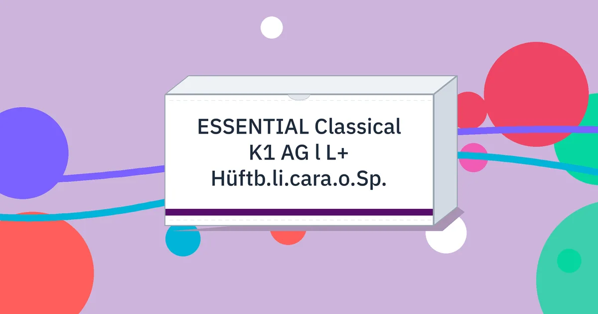 Symbolbild: Packung mit der Aufschrift ESSENTIAL Classical K1 AG l L+ Hüftb.li.cara.o.Sp. (PZN 17011516) – Verfügbarkeit und Bezug in Apotheken in Frankfurt am Main