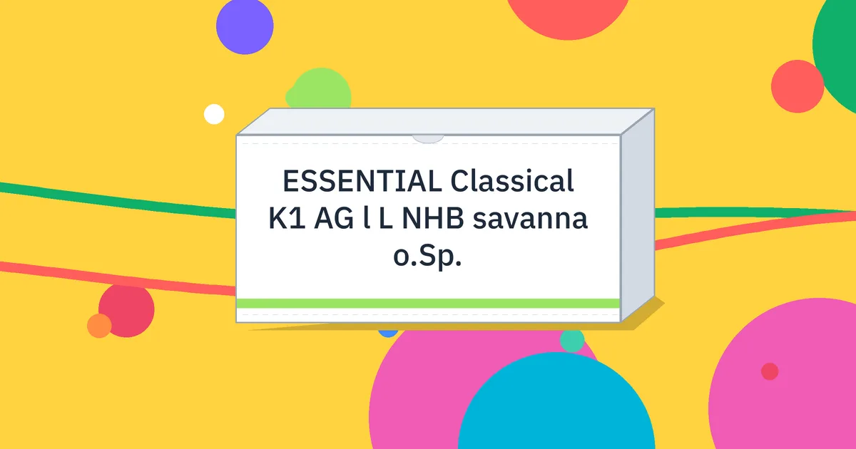 Symbolbild: Packung mit der Aufschrift ESSENTIAL Classical K1 AG l L NHB savanna o.Sp. (PZN 19308002) – Verfügbarkeit und Bezug in Apotheken in Frankfurt am Main