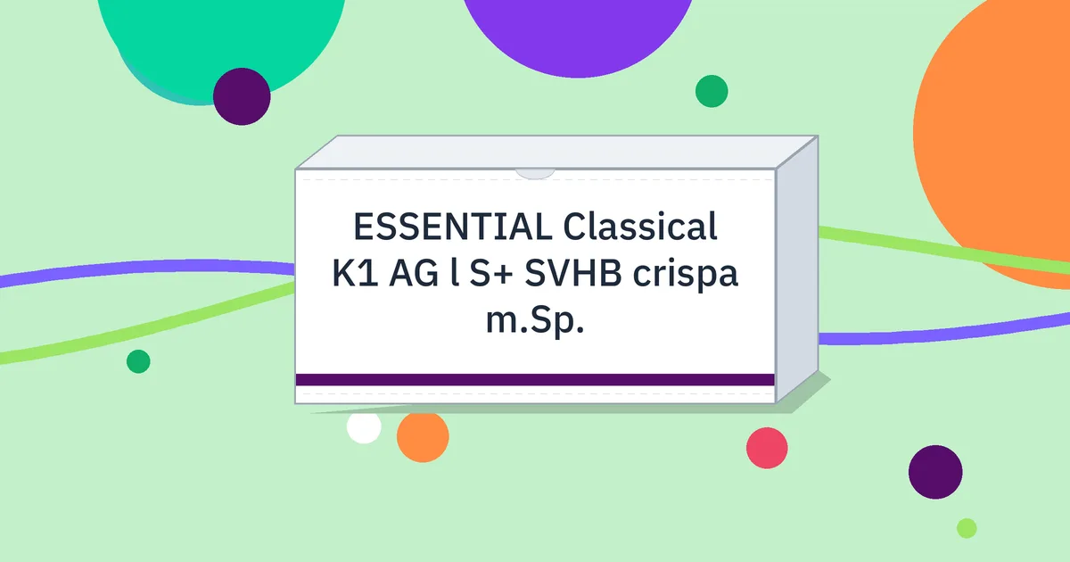 Symbolbild: Packung mit der Aufschrift ESSENTIAL Classical K1 AG l S+ SVHB crispa m.Sp. (PZN 18420872) – Verfügbarkeit und Bezug in Apotheken in Frankfurt am Main