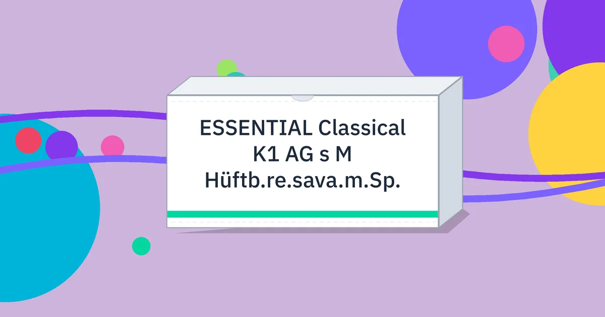 Symbolbild: Packung mit der Aufschrift ESSENTIAL Classical K1 AG s M Hüftb.re.sava.m.Sp. (PZN 17012993) – Verfügbarkeit und Bezug in Apotheken in Frankfurt am Main