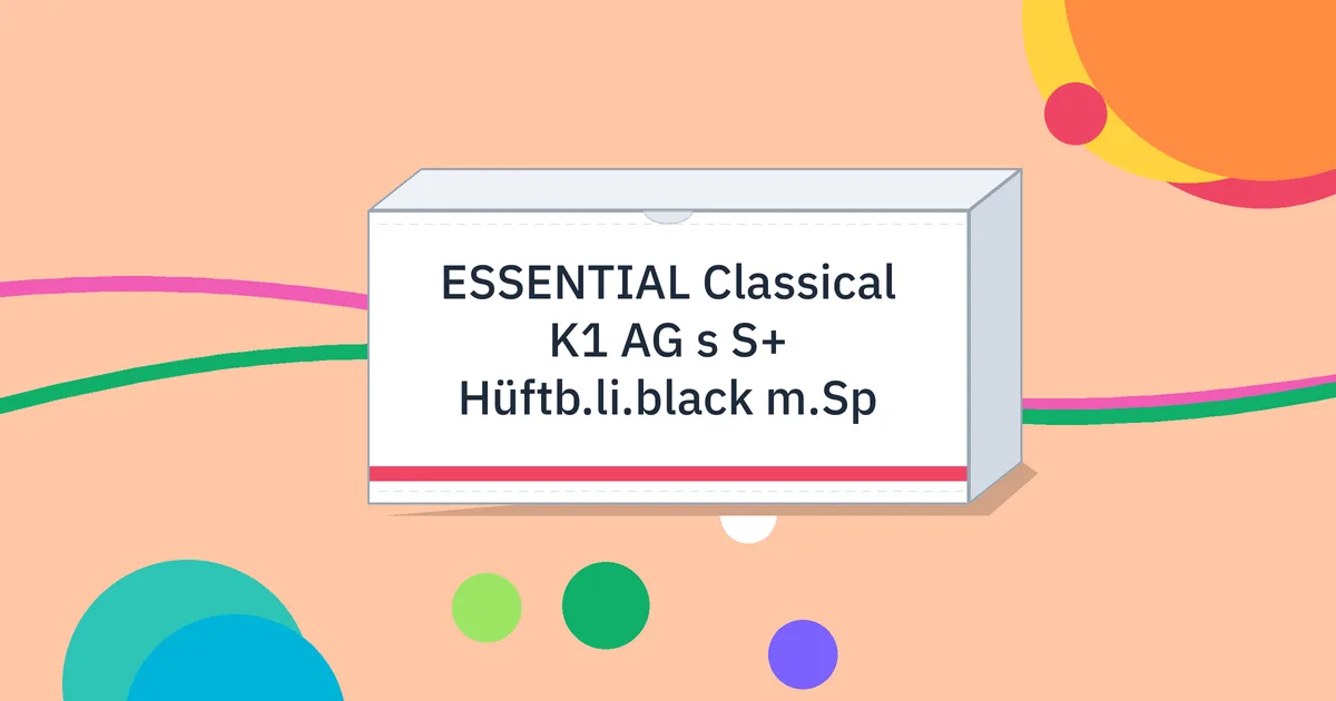 Symbolbild: Packung mit der Aufschrift ESSENTIAL Classical K1 AG s S+ Hüftb.li.black m.Sp (PZN 17013343) – Verfügbarkeit und Bezug in Apotheken in Frankfurt am Main