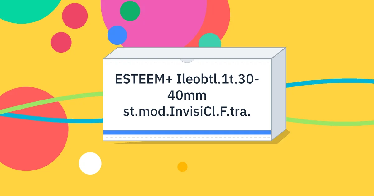 Symbolbild: Packung mit der Aufschrift ESTEEM+ Ileobtl.1t.30-40mm st.mod.InvisiCl.F.tra. (PZN 04610333) – Verfügbarkeit und Bezug in Apotheken in Frankfurt am Main