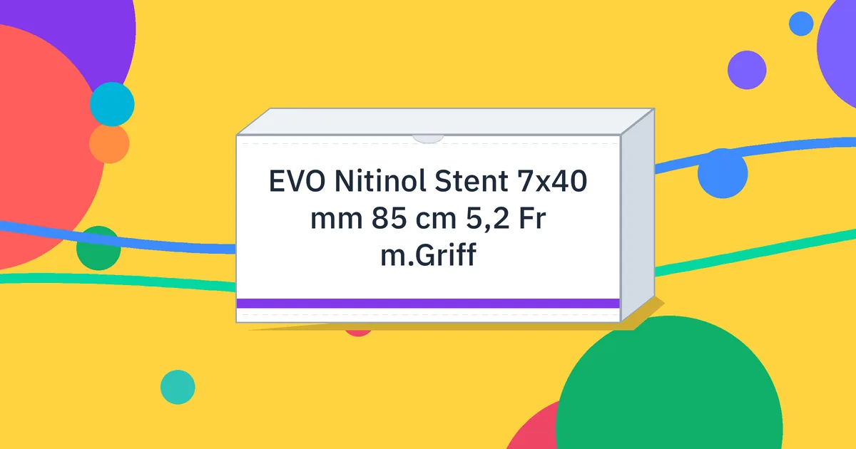 Symbolbild: Packung mit der Aufschrift EVO Nitinol Stent 7x40 mm 85 cm 5,2 Fr m.Griff (PZN 00223326) – Verfügbarkeit und Bezug in Apotheken in Frankfurt am Main