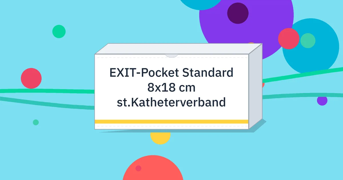 Symbolbild: Packung mit der Aufschrift EXIT-Pocket Standard 8x18 cm st.Katheterverband (PZN 18751155) – Verfügbarkeit und Bezug in Apotheken in Frankfurt am Main