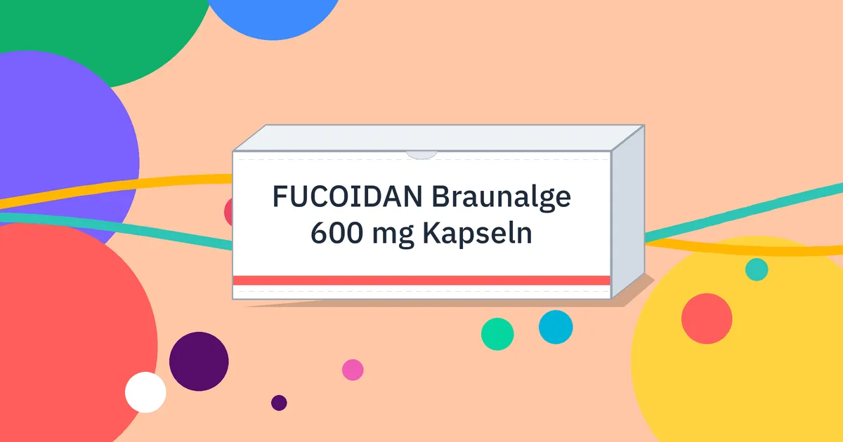 Symbolbild: Packung mit der Aufschrift FUCOIDAN Braunalge 600 mg Kapseln (PZN 10297113) – Verfügbarkeit und Bezug in Apotheken in Frankfurt am Main