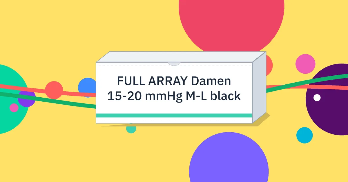 Symbolbild: Packung mit der Aufschrift FULL ARRAY Damen 15-20 mmHg M-L black (PZN 20112385) – Verfügbarkeit und Bezug in Apotheken in Frankfurt am Main