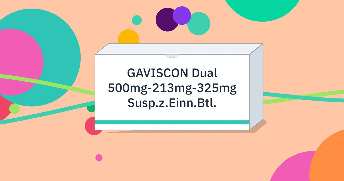 Symbolbild: Packung mit der Aufschrift GAVISCON Dual 500mg-213mg-325mg Susp.z.Einn.Btl. (PZN 04363834) – Verfügbarkeit und Bezug in Apotheken in Frankfurt am Main