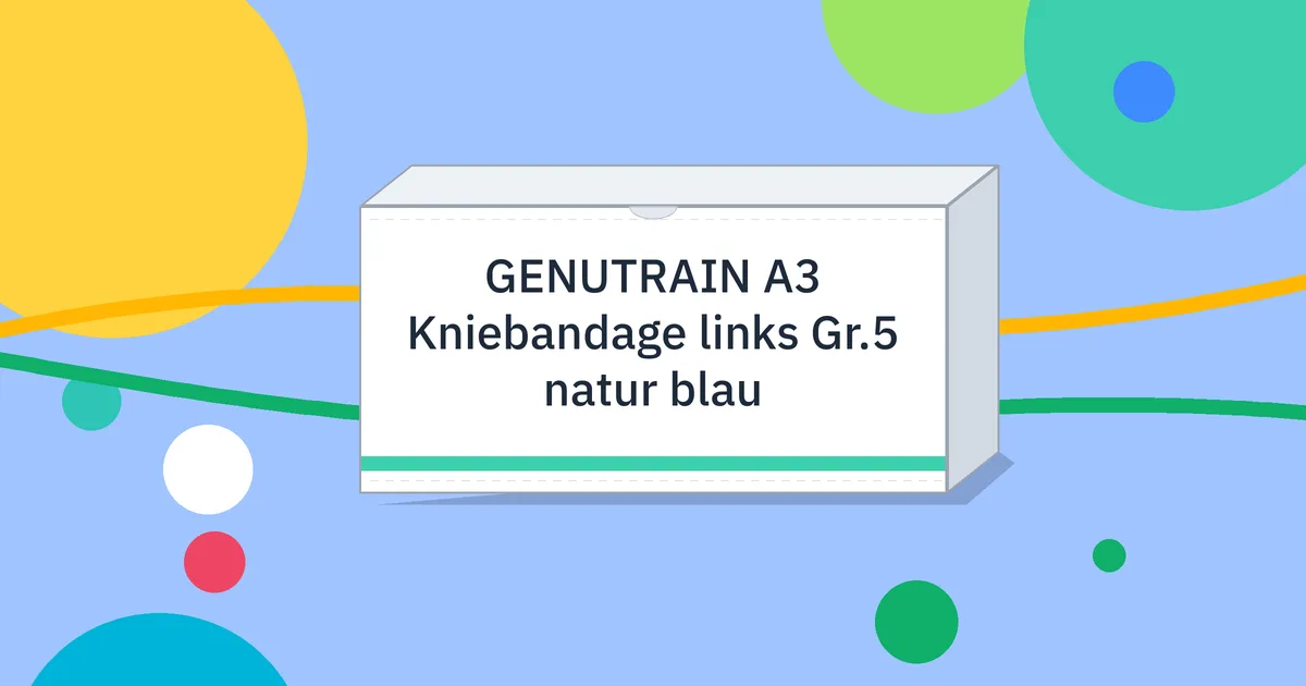 Symbolbild: Packung mit der Aufschrift GENUTRAIN A3 Kniebandage links Gr.5 natur blau (PZN 01071752) – Verfügbarkeit und Bezug in Apotheken in Frankfurt am Main