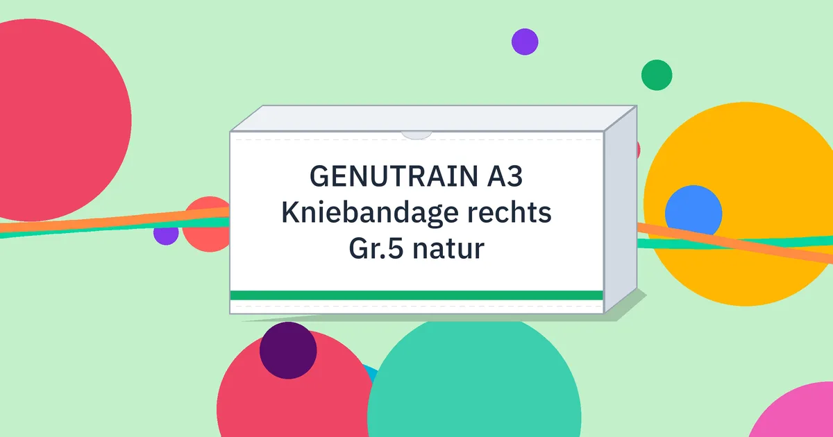 Symbolbild: Packung mit der Aufschrift GENUTRAIN A3 Kniebandage rechts Gr.5 natur (PZN 01071686) – Verfügbarkeit und Bezug in Apotheken in Frankfurt am Main
