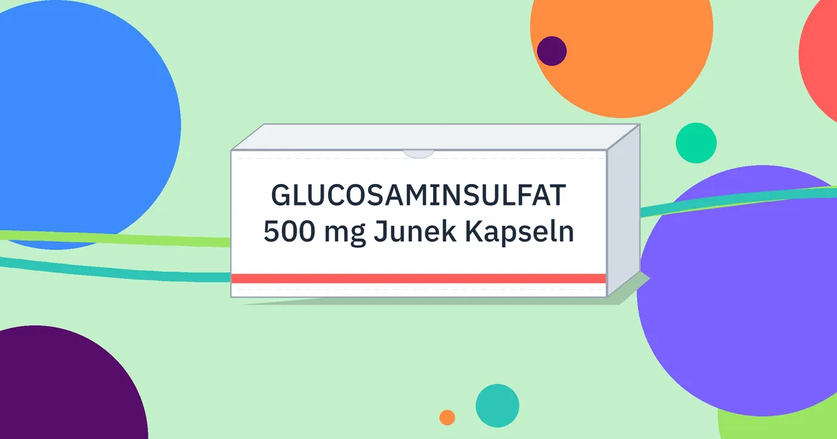 Symbolbild: Packung mit der Aufschrift GLUCOSAMINSULFAT 500 mg Junek Kapseln (PZN 01037229) – Verfügbarkeit und Bezug in Apotheken in Frankfurt am Main