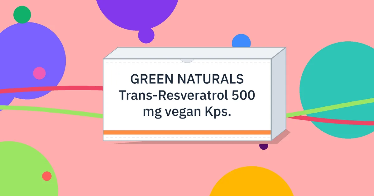 Symbolbild: Packung mit der Aufschrift GREEN NATURALS Trans-Resveratrol 500 mg vegan Kps. (PZN 19295601) – Verfügbarkeit und Bezug in Apotheken in Frankfurt am Main