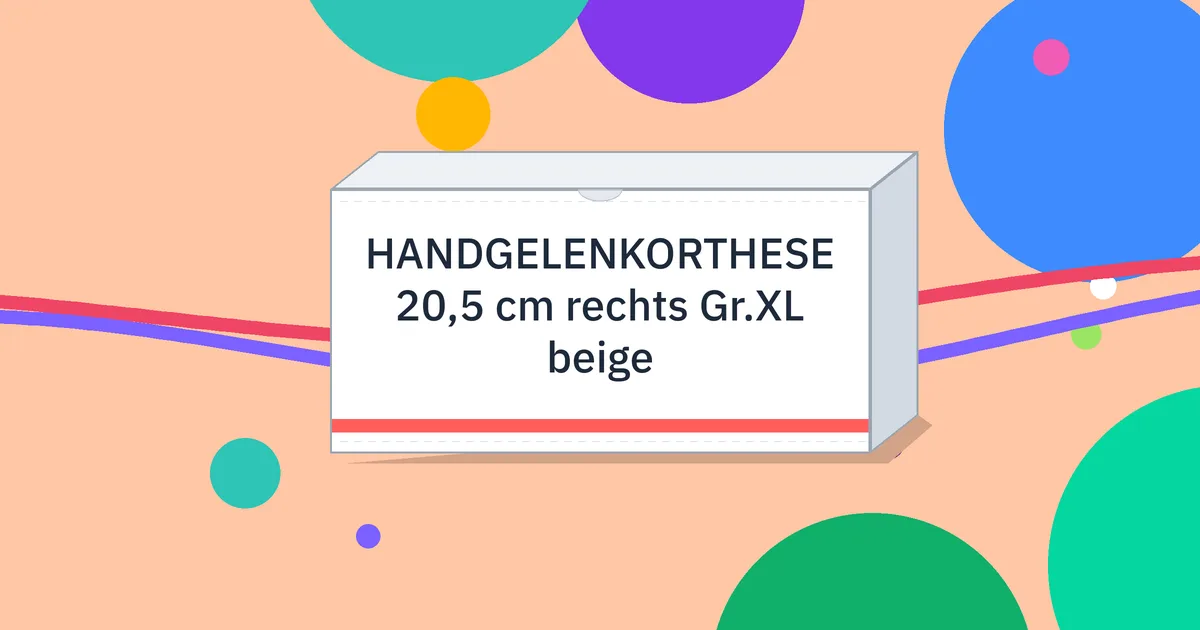 Symbolbild: Packung mit der Aufschrift HANDGELENKORTHESE 20,5 cm rechts Gr.XL beige (PZN 03387092) – Verfügbarkeit und Bezug in Apotheken in Frankfurt am Main