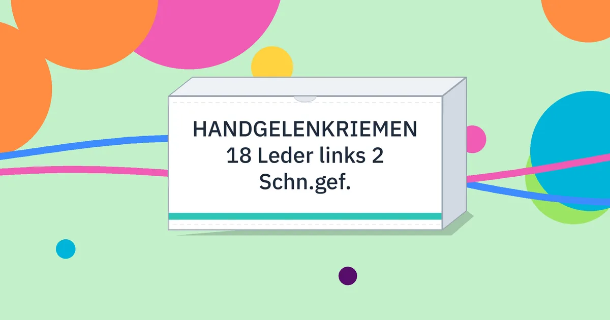 Symbolbild: Packung mit der Aufschrift HANDGELENKRIEMEN 18 Leder links 2 Schn.gef. (PZN 03230373) – Verfügbarkeit und Bezug in Apotheken in Frankfurt am Main