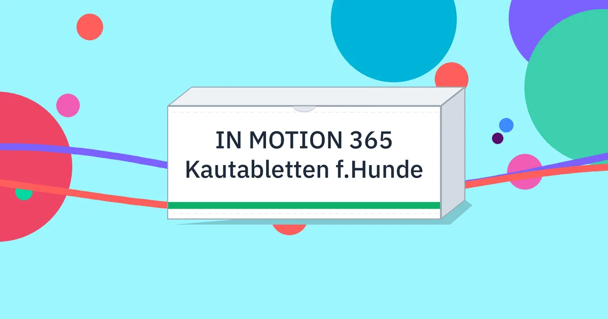Symbolbild: Packung mit der Aufschrift IN MOTION 365 Kautabletten f.Hunde (PZN 12474789) – Verfügbarkeit und Bezug in Apotheken in Frankfurt am Main