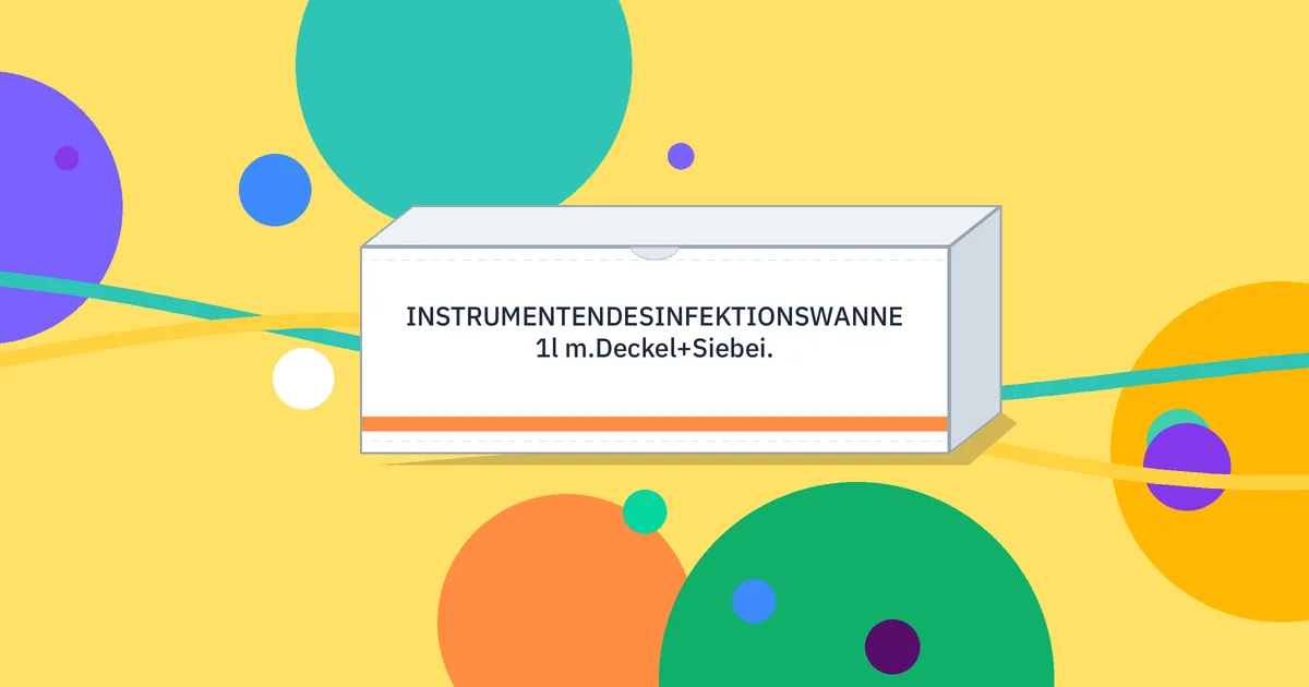 Symbolbild: Packung mit der Aufschrift INSTRUMENTENDESINFEKTIONSWANNE 1l m.Deckel+Siebei. (PZN 09729145) – Verfügbarkeit und Bezug in Apotheken in Frankfurt am Main