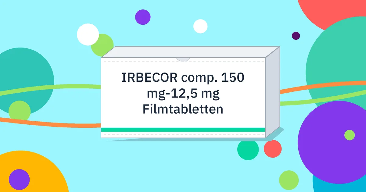 Symbolbild: Packung mit der Aufschrift IRBECOR comp. 150 mg-12,5 mg Filmtabletten (PZN 09765069) – Verfügbarkeit und Bezug in Apotheken in Frankfurt am Main
