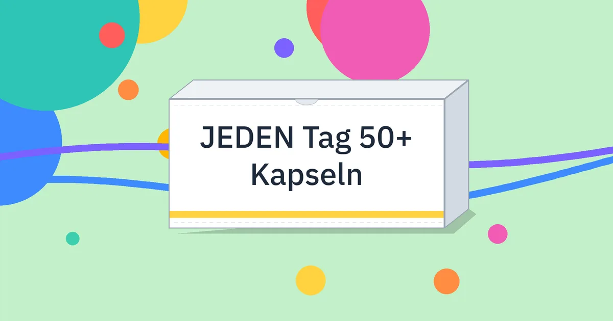 Symbolbild: Packung mit der Aufschrift JEDEN Tag 50+ Kapseln (PZN 17965210) – Verfügbarkeit und Bezug in Apotheken in Frankfurt am Main