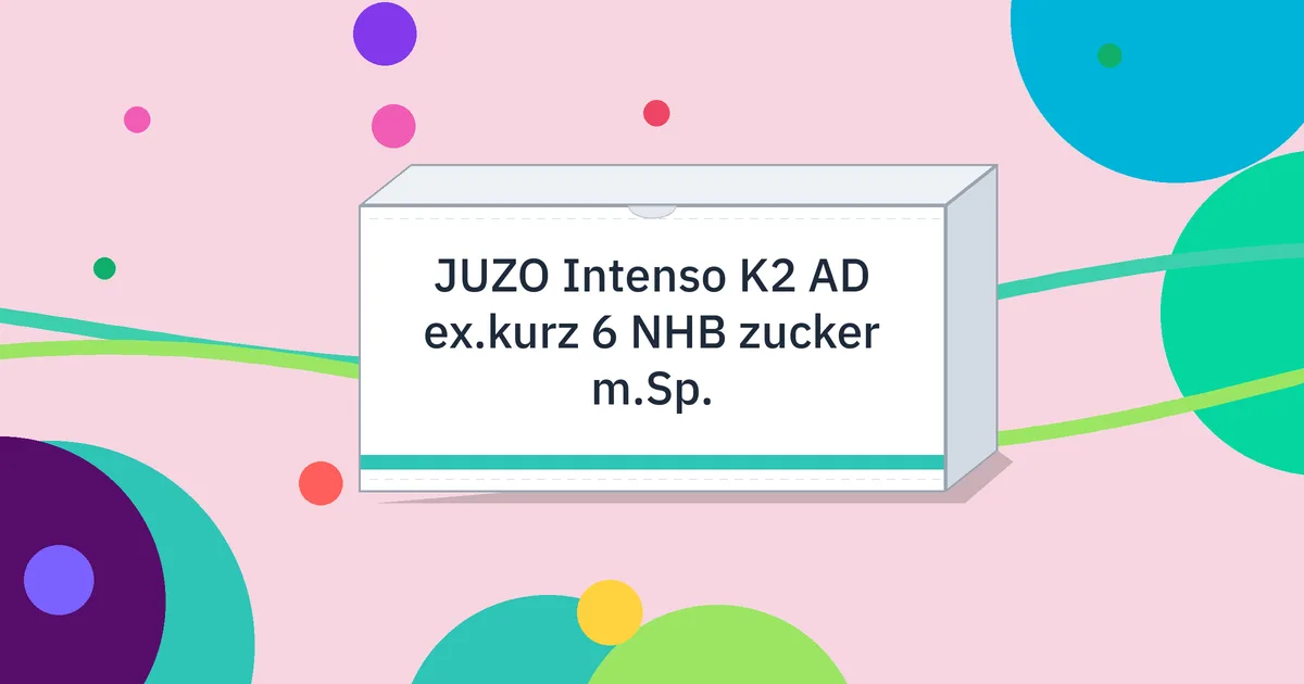 Symbolbild: Packung mit der Aufschrift JUZO Intenso K2 AD ex.kurz 6 NHB zucker m.Sp. (PZN 18611371) – Verfügbarkeit und Bezug in Apotheken in Frankfurt am Main