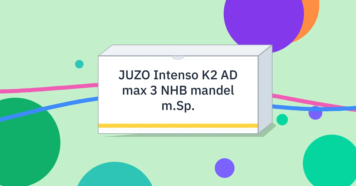 Symbolbild: Packung mit der Aufschrift JUZO Intenso K2 AD max 3 NHB mandel m.Sp. (PZN 18612896) – Verfügbarkeit und Bezug in Apotheken in Frankfurt am Main