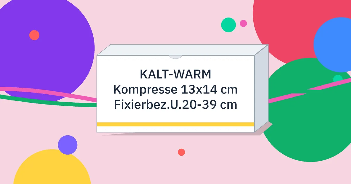 Symbolbild: Packung mit der Aufschrift KALT-WARM Kompresse 13x14 cm Fixierbez.U.20-39 cm (PZN 03903085) – Verfügbarkeit und Bezug in Apotheken in Frankfurt am Main
