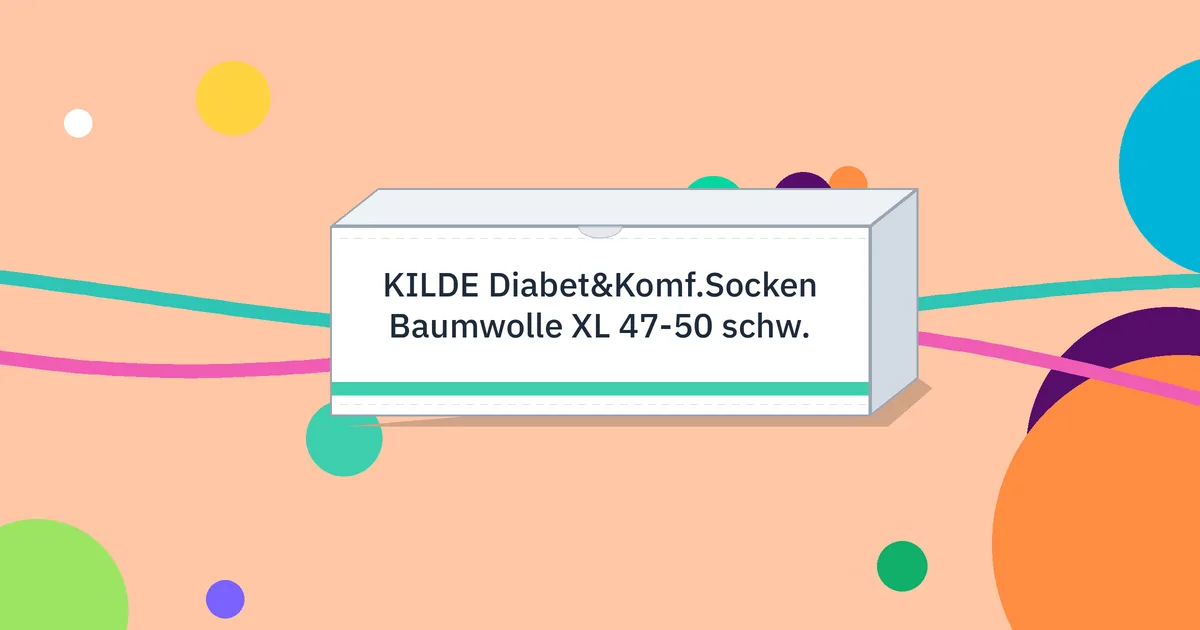 Symbolbild: Packung mit der Aufschrift KILDE Diabet&Komf.Socken Baumwolle XL 47-50 schw. (PZN 20798075) – Verfügbarkeit und Bezug in Apotheken in Frankfurt am Main