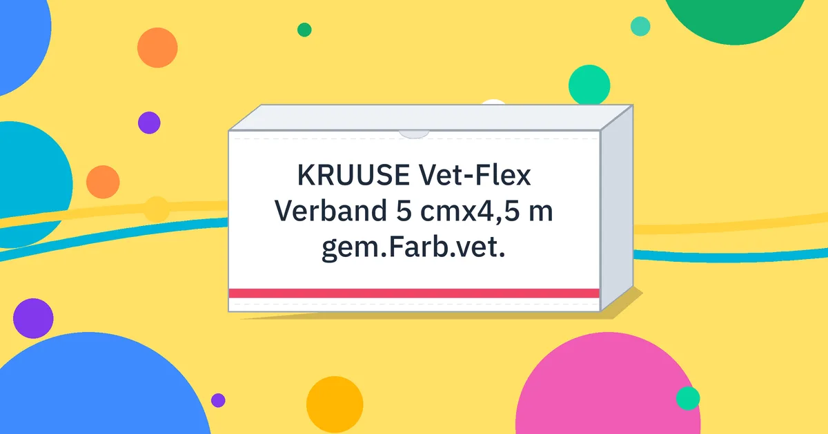 Symbolbild: Packung mit der Aufschrift KRUUSE Vet-Flex Verband 5 cmx4,5 m gem.Farb.vet. (PZN 18443488) – Verfügbarkeit und Bezug in Apotheken in Frankfurt am Main