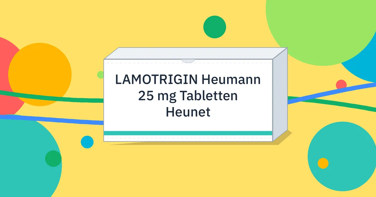 Symbolbild: Packung mit der Aufschrift LAMOTRIGIN Heumann 25 mg Tabletten Heunet (PZN 15303999) – Verfügbarkeit und Bezug in Apotheken in Frankfurt am Main