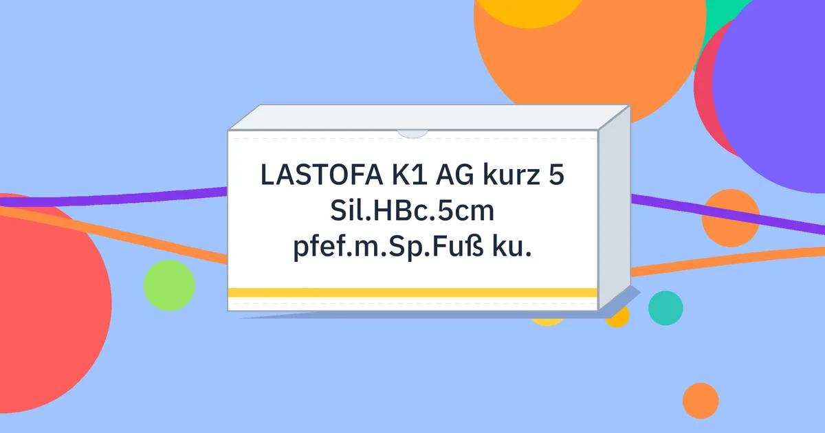 Symbolbild: Packung mit der Aufschrift LASTOFA K1 AG kurz 5 Sil.HBc.5cm pfef.m.Sp.Fuß ku. (PZN 13793769) – Verfügbarkeit und Bezug in Apotheken in Frankfurt am Main